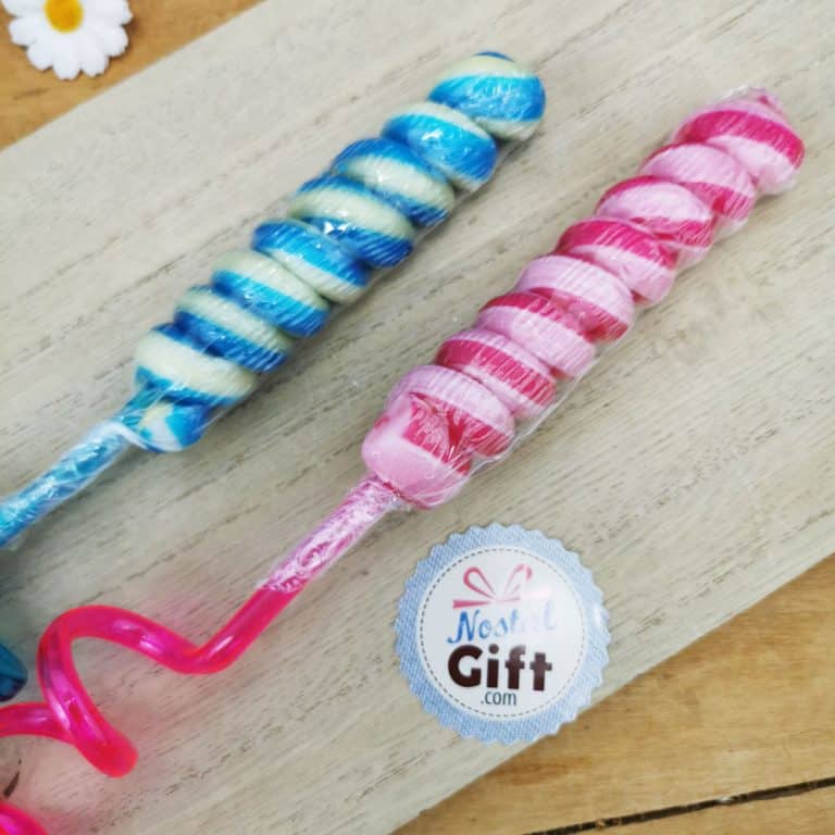 Sucette longue-tortillon de fête forraine goût Bubble-gum- Nostalgift.com